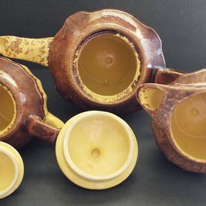 Gonder Ceramic Arts Pottery Teapot Set Yellow With Brown Drip & Sponge ...