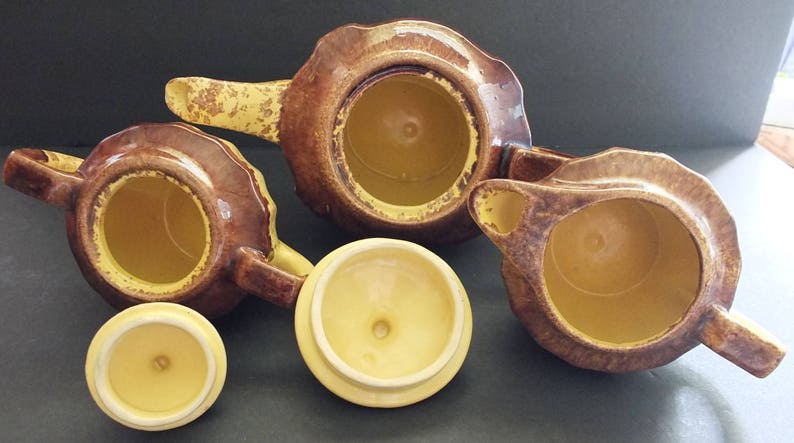 Gonder Ceramic Arts Pottery Teapot Set Yellow With Brown Drip & Sponge ...