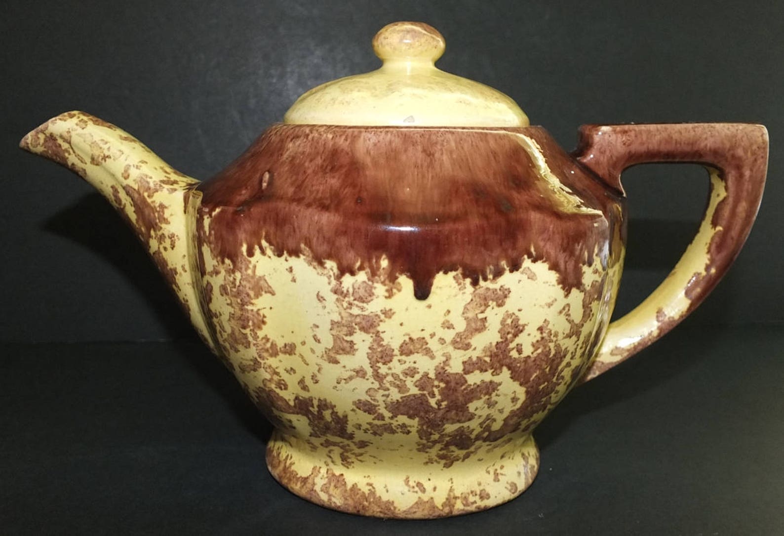 Gonder Ceramic Arts Pottery Teapot Set Yellow With Brown Drip & Sponge ...