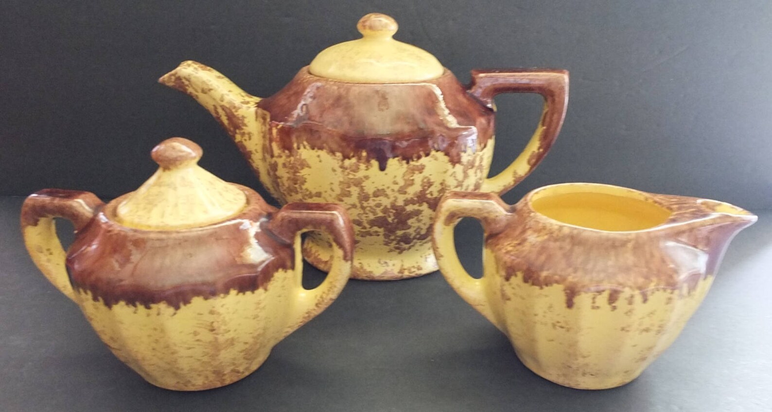 Gonder Ceramic Arts Pottery Teapot Set Yellow With Brown Drip & Sponge ...