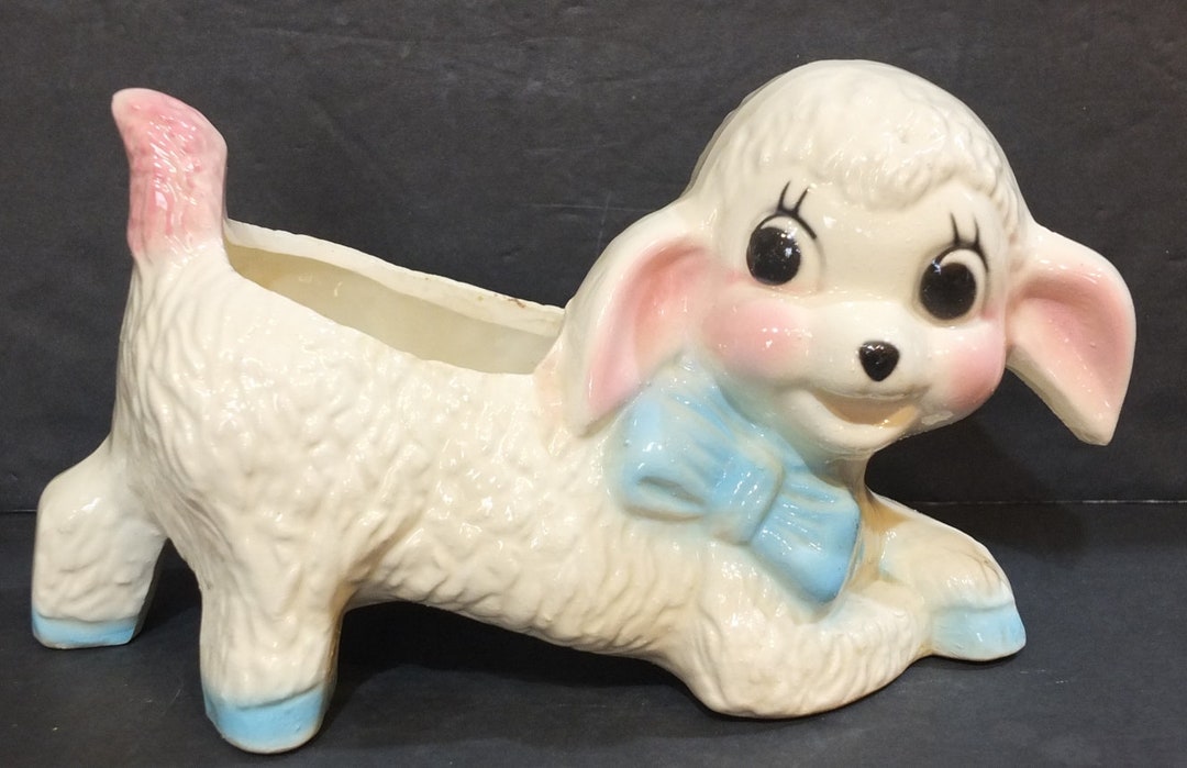 Vintage Ceramic Lamb Planter: Nursery Decor, Blue Bow - Etsy
