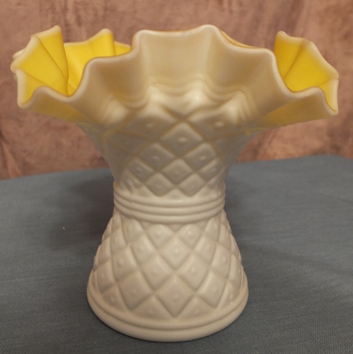 Kanawha Glass White & Yellow Ruffled Vase Milk Glass Satin - Etsy