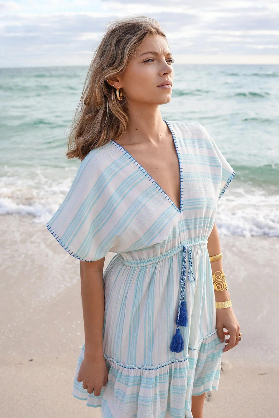 DEBBIE KATZ Ciel Blue Maxi Dress – 100% Cotton Summer Dress With Kimono ...
