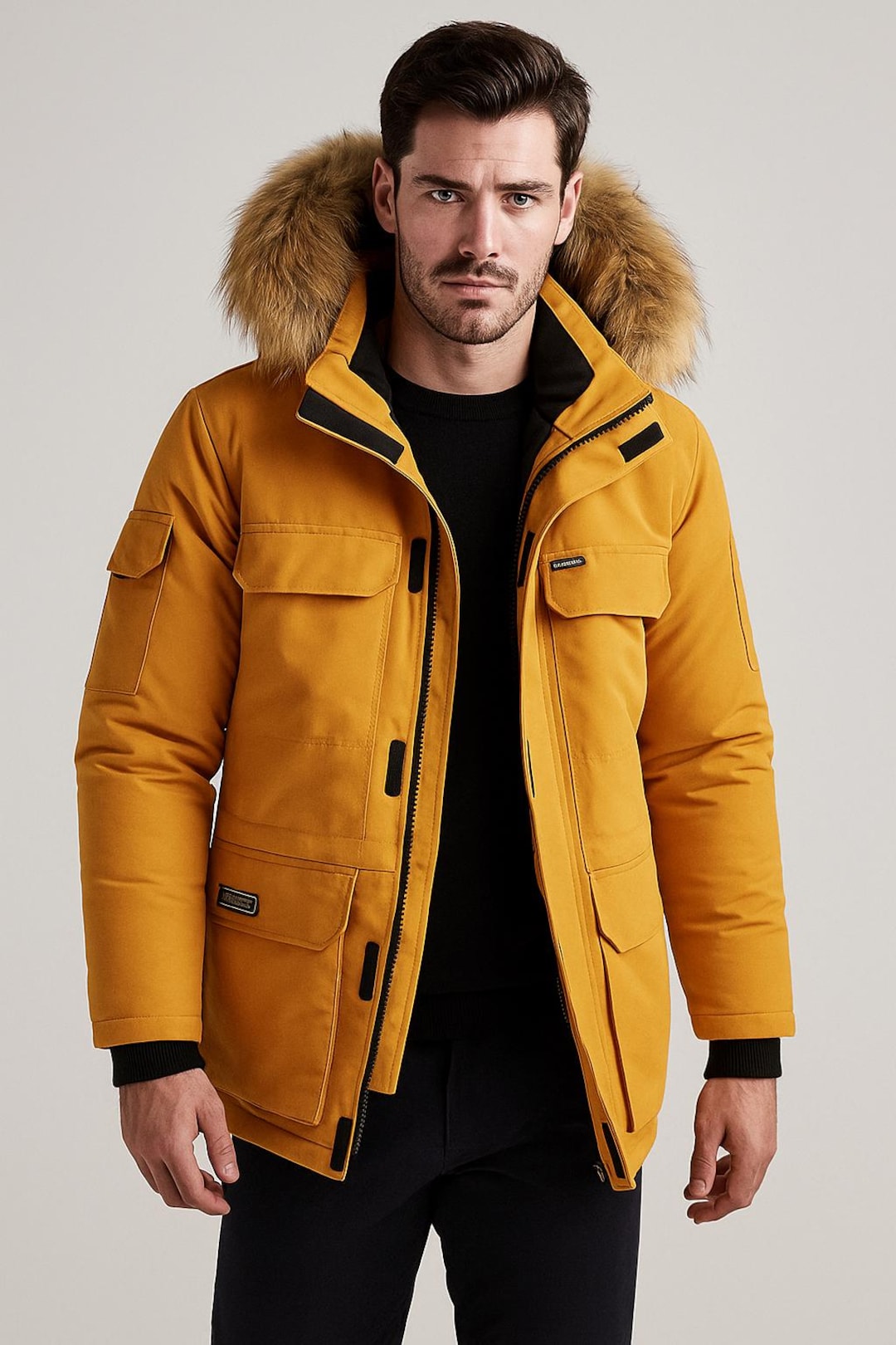 Men’s Winter Fur Hooded Parka, Thick Warm Down Jacket, Windproof Snow ...