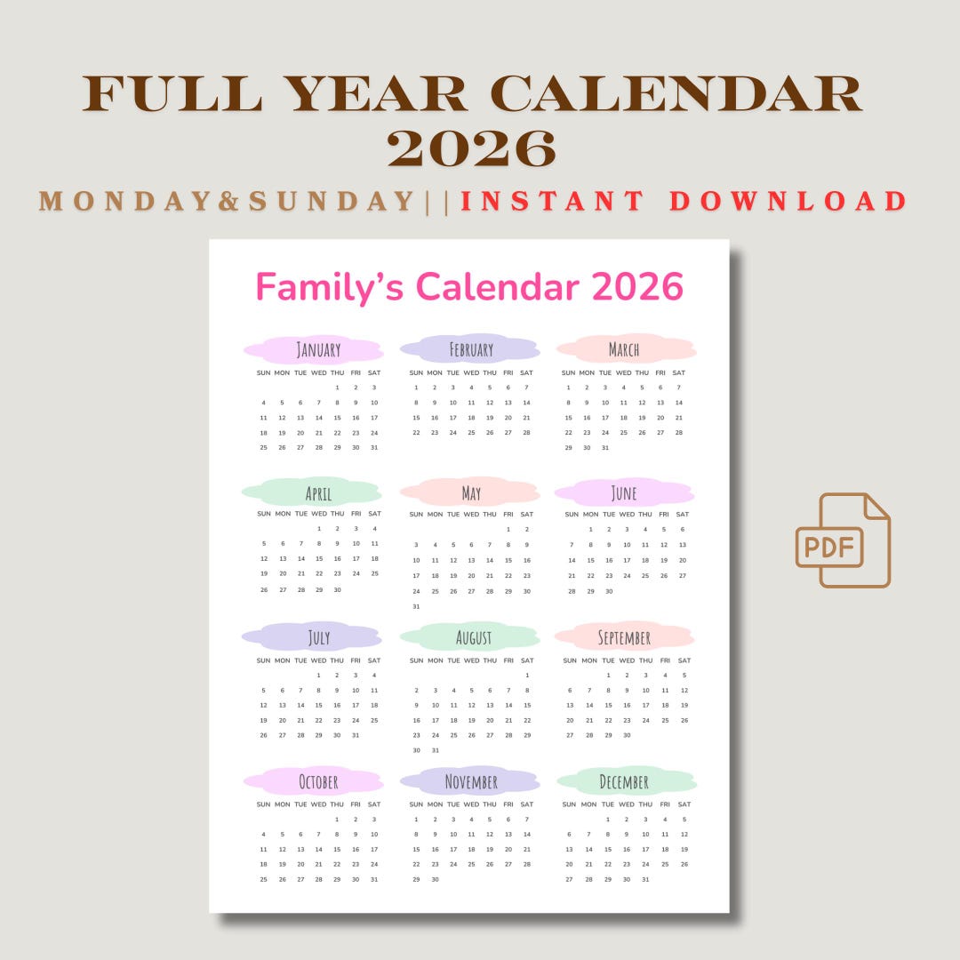 2026 Family Calendar: Pastel Printable Wall Planner (digital Download ...