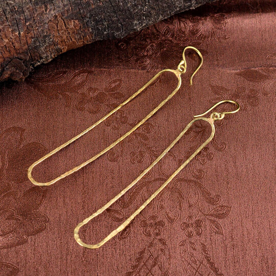 Gold Hammered Oval Earrings, Long Drop Hoops, Minimalist Boho Jewelry ...