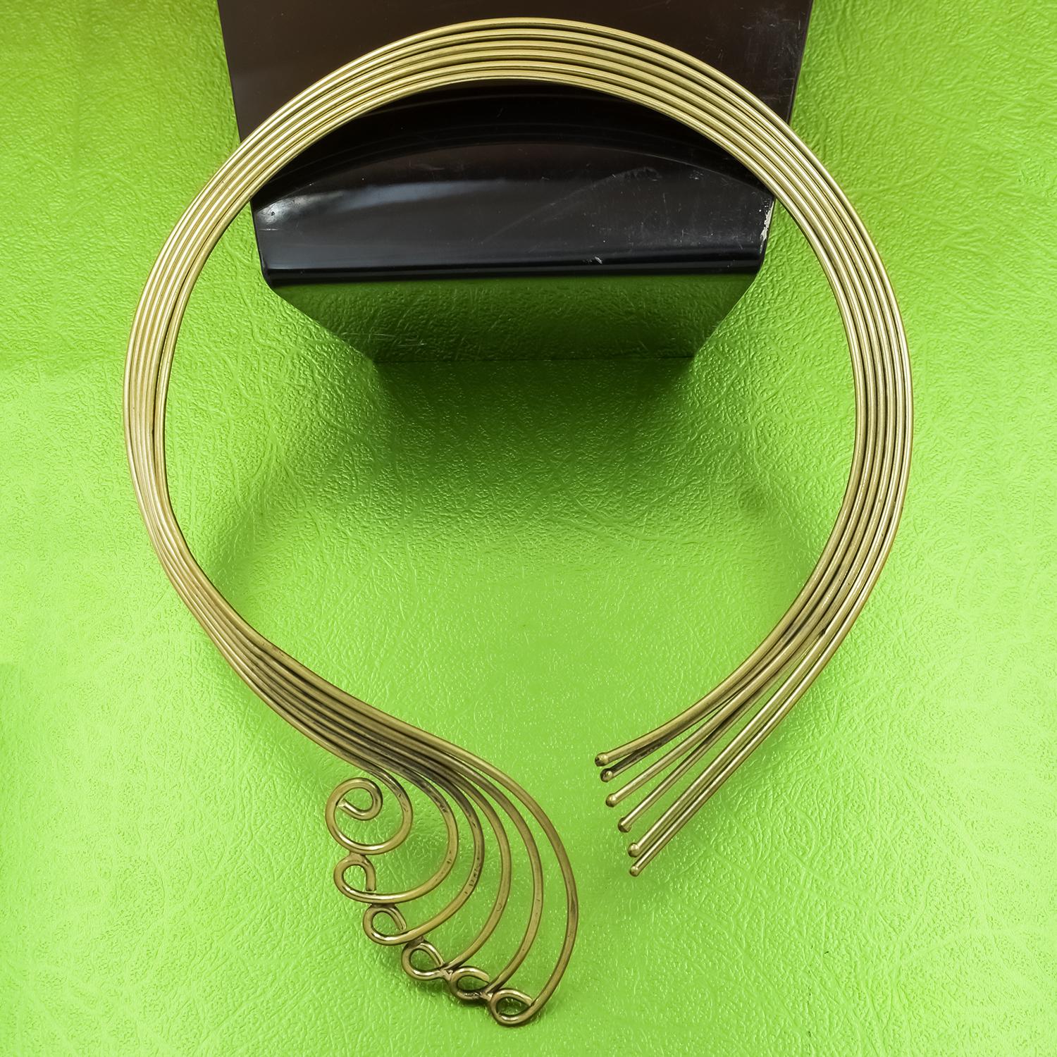 Asymmetrical Brass Collar, Modern Wire Art Choker, Gold Swirl Necklace ...