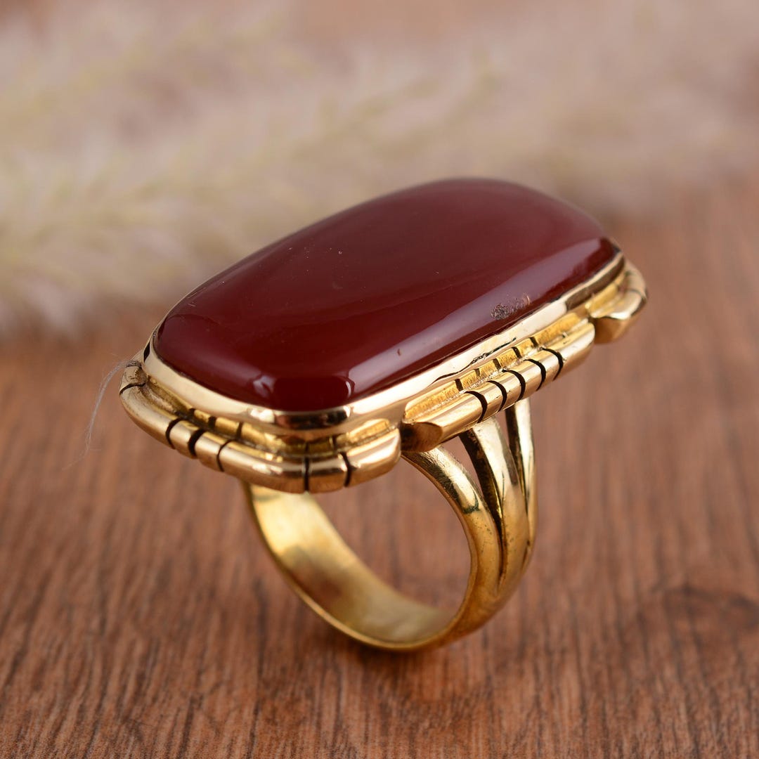 Carnelian Brass Statement Ring – Handmade Bold Jewelry, Adjustable ...