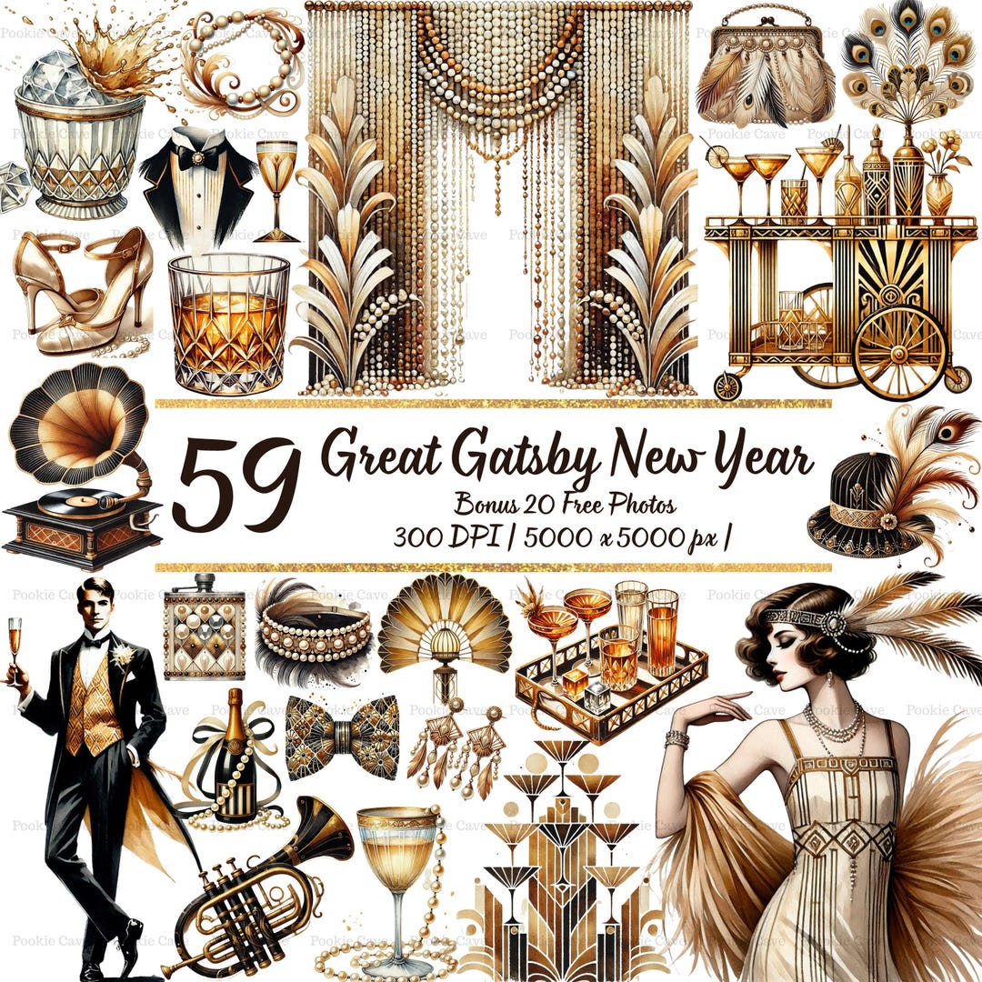 Gatsby New Year Watercolor Clipart • Roaring 20s Art Deco (PNG) - Etsy