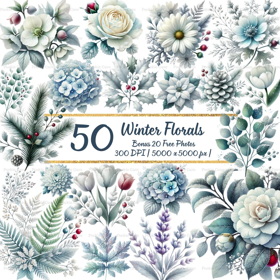 50 Winter Florals | Watercolor Clipart Set | Snowy Winter Flowers ...