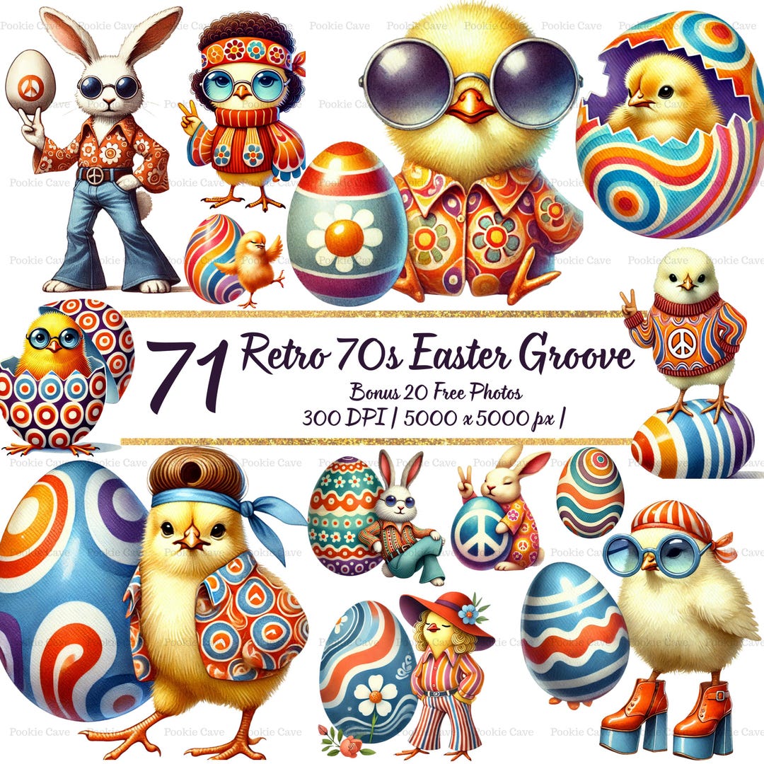 Retro 70s Easter Clipart Bundle | Groovy Bunny, Chicks, Eggs (pngs ...