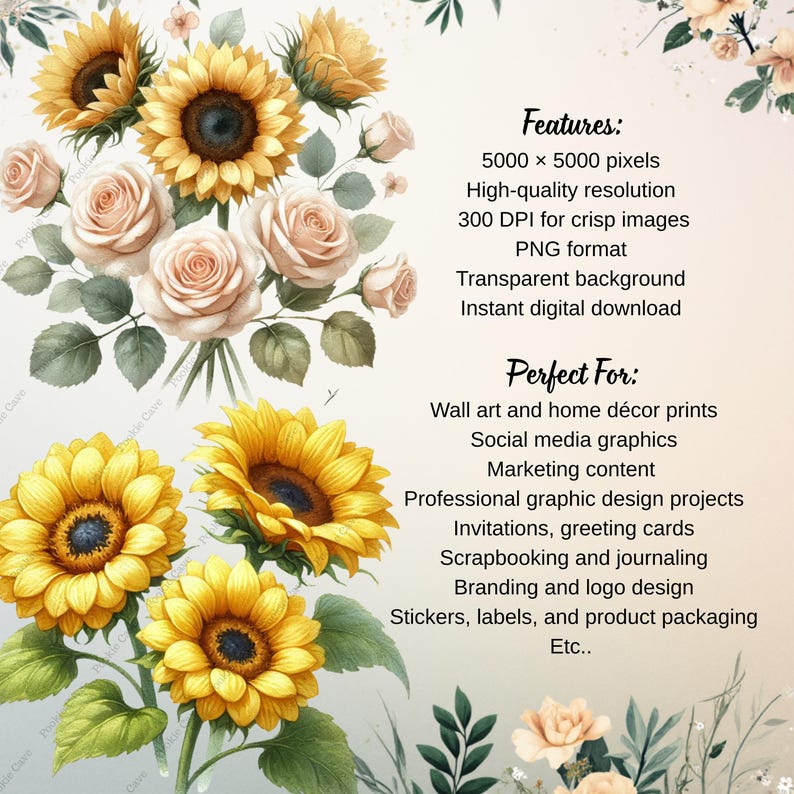 Watercolor Sunflower Clipart Bundle: Golden Floral PNG (digital ...