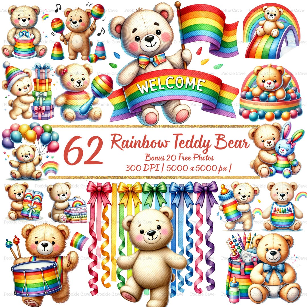 Watercolor Rainbow Teddy Bear Clipart – Baby Shower (PNG Files) - Etsy