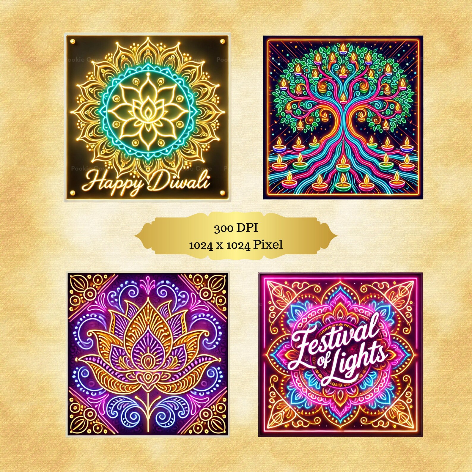 Neon Diwali Wall Art Bundle: LED Mandala, Rangoli, Diya Clipart ...