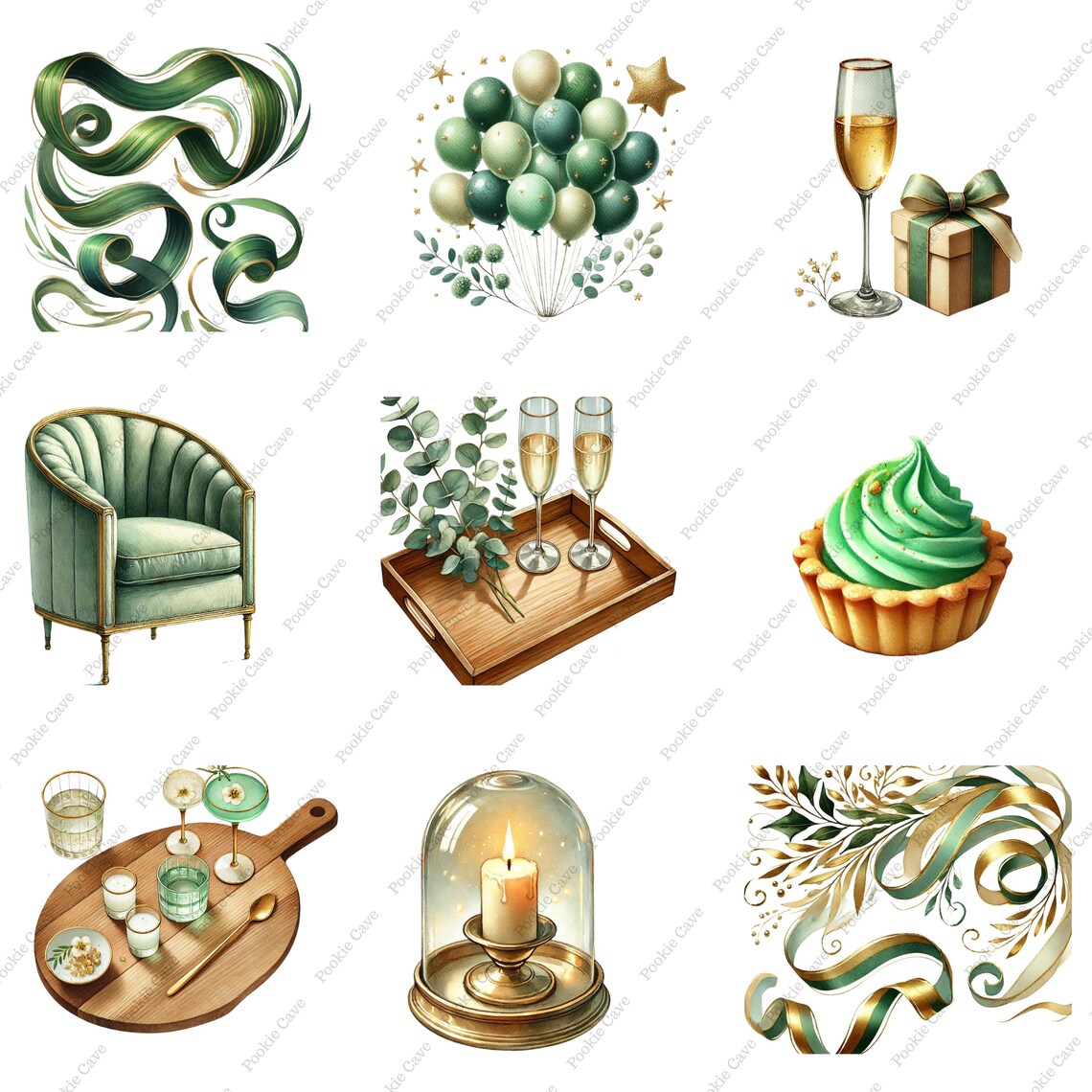 Emerald & Gold New Year Watercolor Clipart | 45 PNG Graphics (digital ...