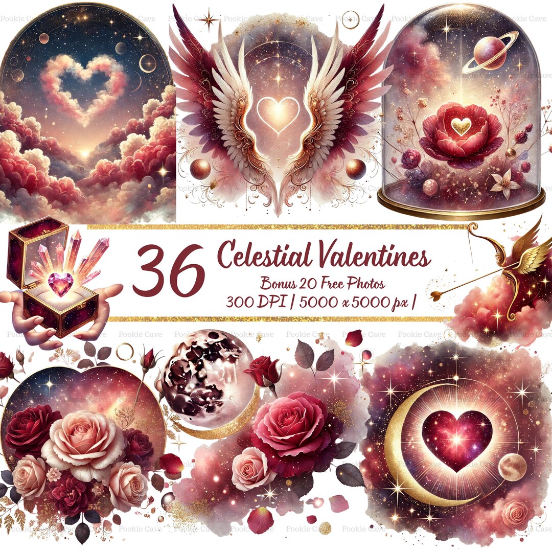 36 Celestial Valentine Watercolor Clipart | Romantic Galaxy Hearts ...