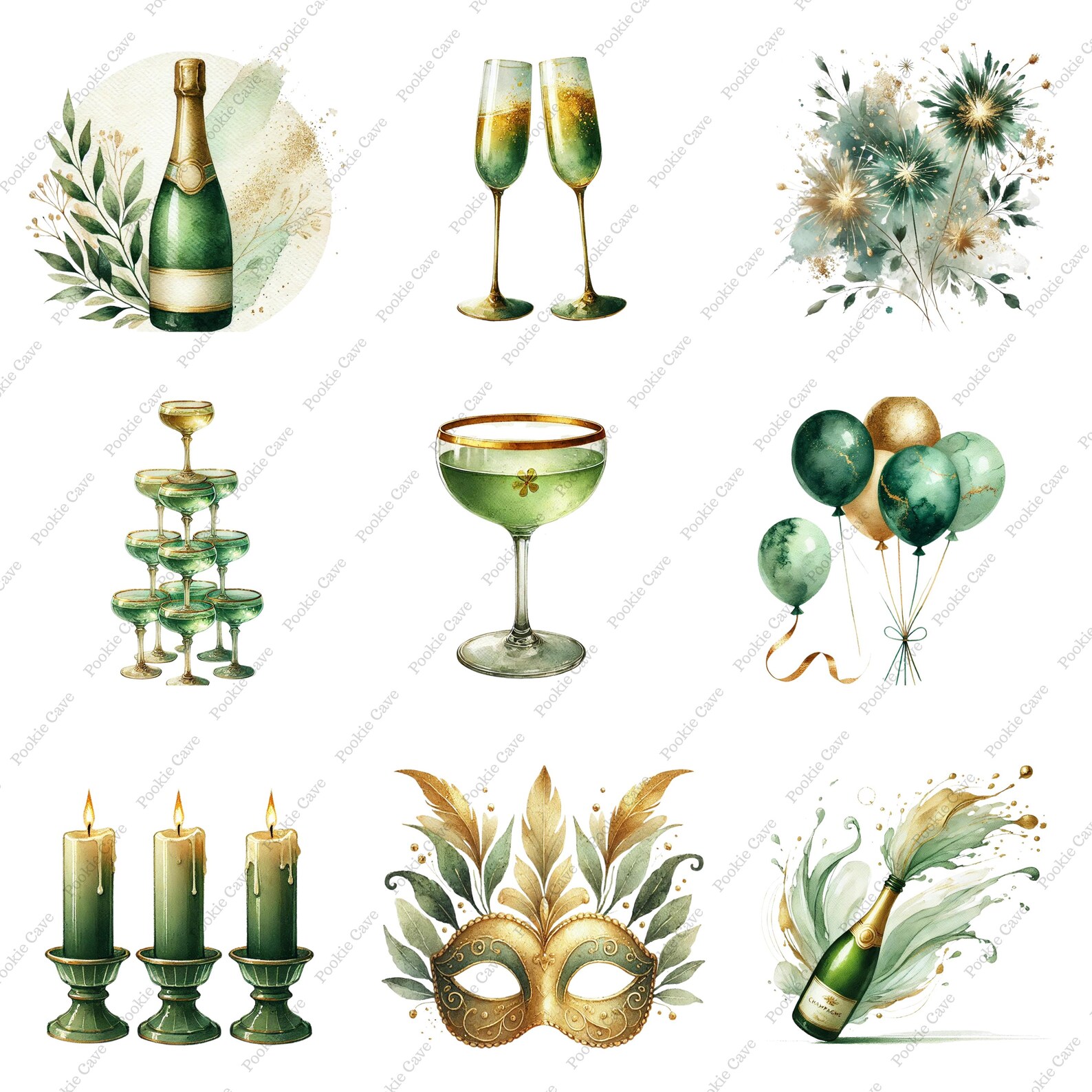 Emerald & Gold New Year Watercolor Clipart | 45 PNG Graphics (digital ...