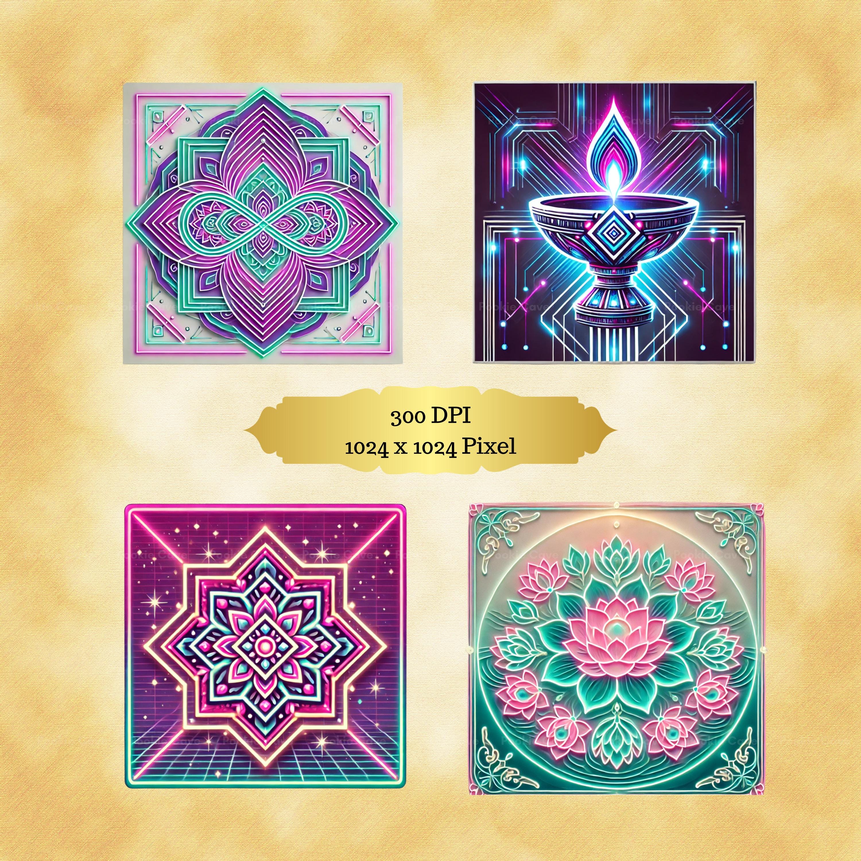 Neon Diwali Wall Art Bundle: LED Mandala, Rangoli, Diya Clipart ...