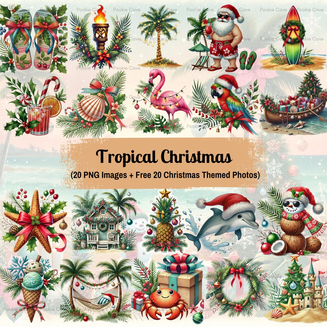 Tropical Christmas Clipart Bundle | Beach Holiday Pngs | Summer Xmas ...