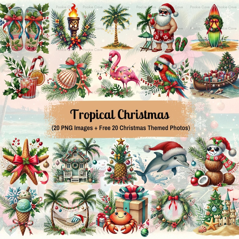 Tropical Christmas Clipart Bundle | Beach Holiday Pngs | Summer Xmas ...