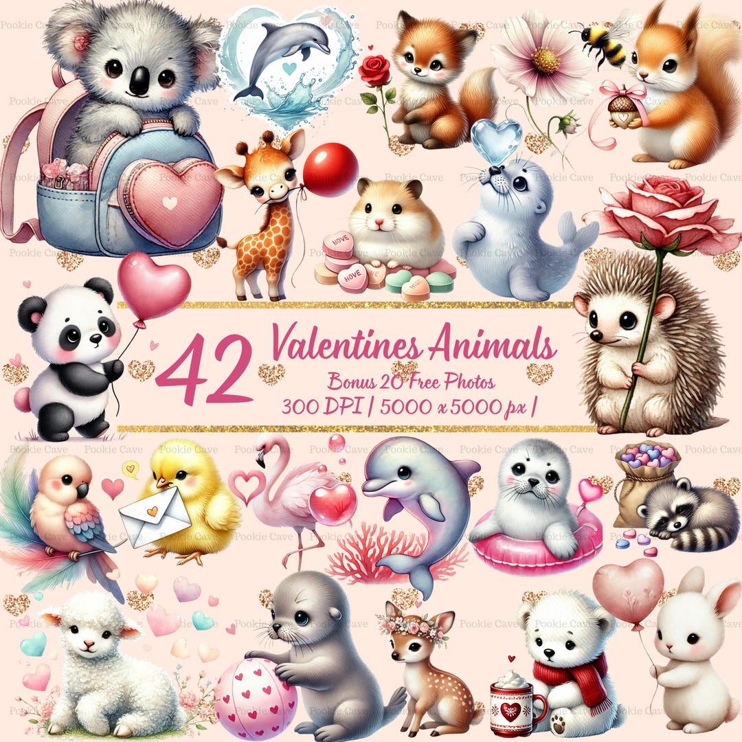 42 Valentine's Day Animal Clipart | Watercolor Love Animals PNG ...