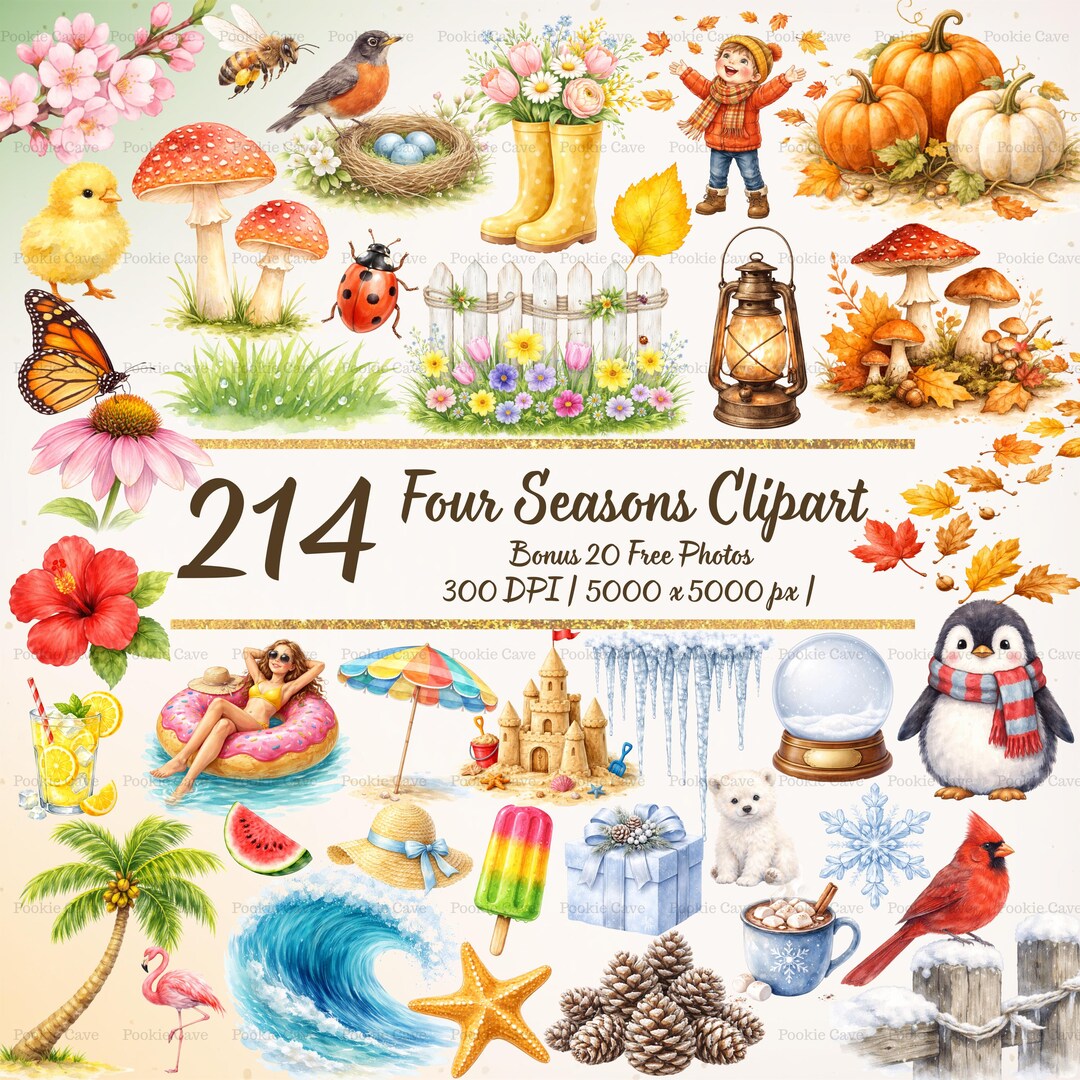 Watercolor Four Seasons Clipart Bundle, Spring Summer Autumn Winter ...