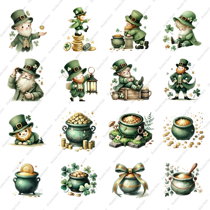 St. Patrick's Day Clipart Bundle – Watercolor Leprechauns, Shamrocks ...