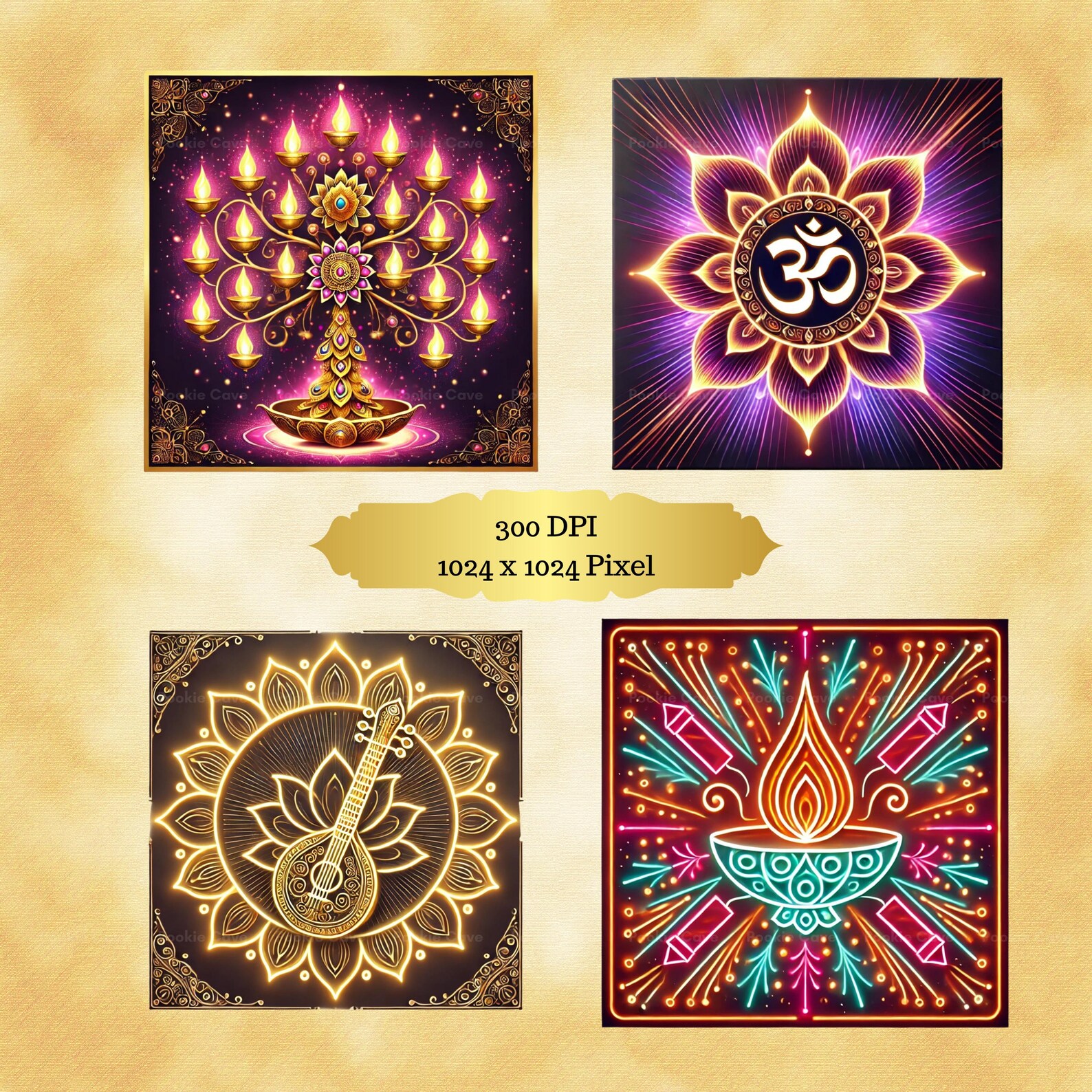 Neon Diwali Wall Art Bundle: LED Mandala, Rangoli, Diya Clipart ...