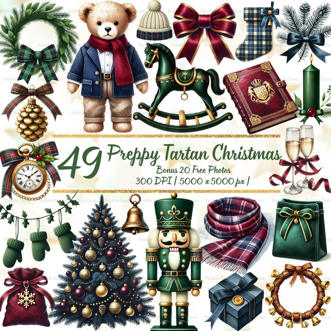 Preppy Tartan Christmas Clipart Set – Equestrian Holiday Decor (PNG ...
