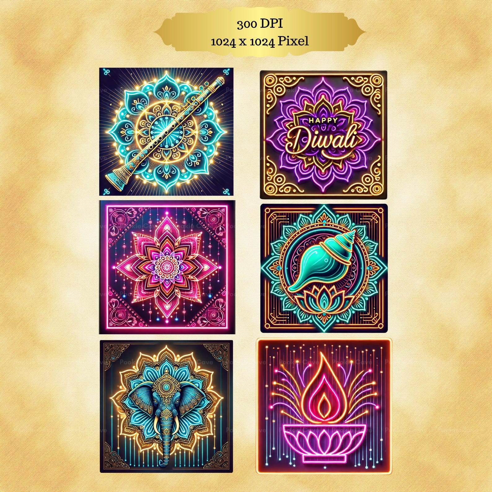Neon Diwali Wall Art Bundle: LED Mandala, Rangoli, Diya Clipart ...