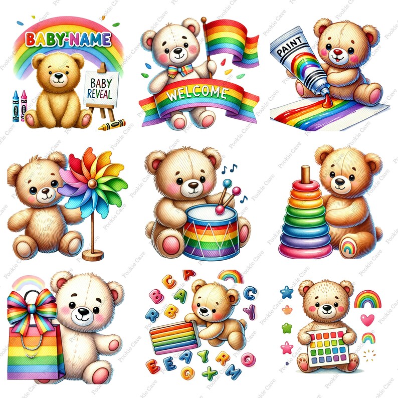 Watercolor Rainbow Teddy Bear Clipart – Baby Shower (PNG Files) - Etsy