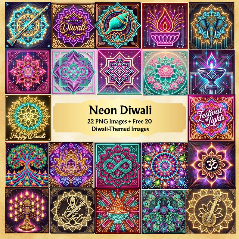 Neon Diwali Wall Art Bundle: LED Mandala, Rangoli, Diya Clipart ...