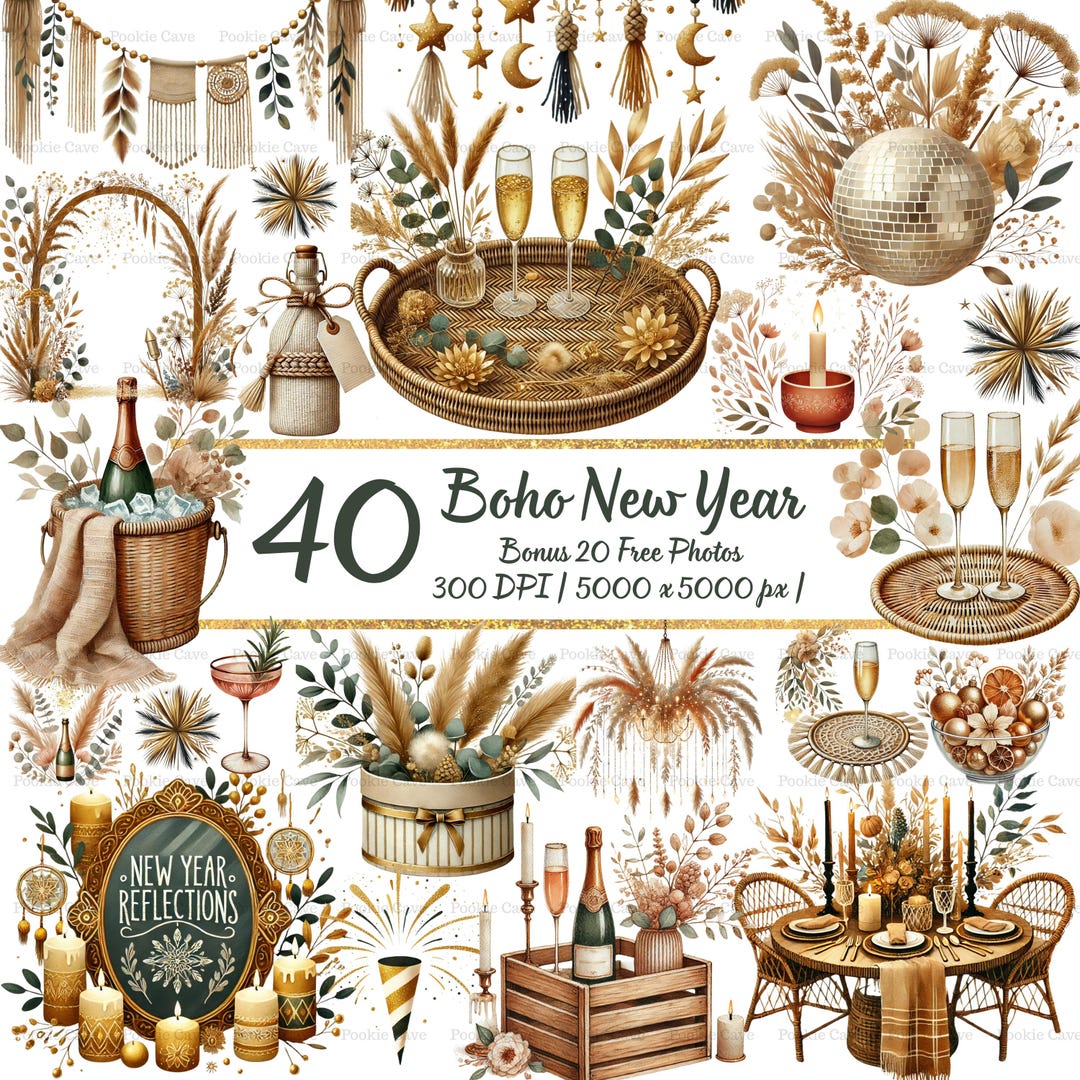 Boho New Year Clipart Bundle – Watercolor Champagne, Macrame (PNG) - Etsy