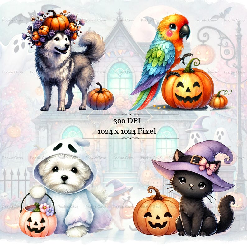 Halloween Pet Clipart Bundle: Watercolor Animals in Costume (digital ...