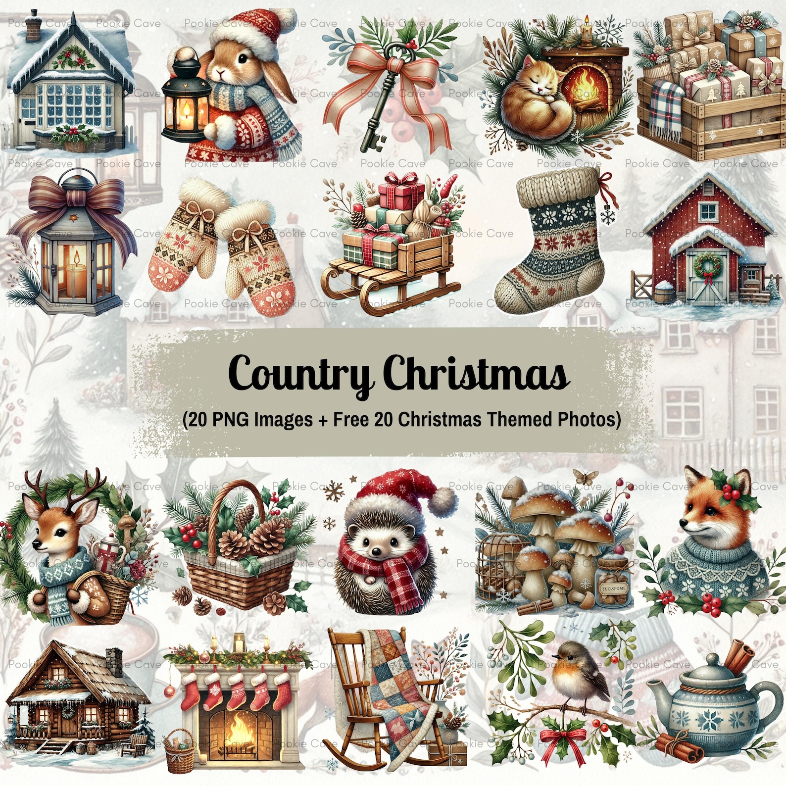Country Christmas Clipart Bundle | 20 Rustic Holiday Pngs, Farmhouse ...