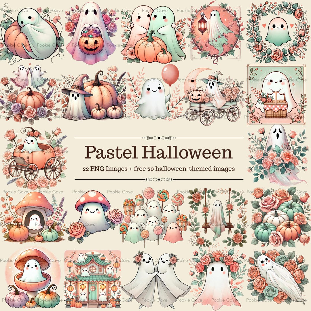 Pastel Halloween Clipart Bundle – Cute Kawaii Ghosts & Pumpkins (PNG ...