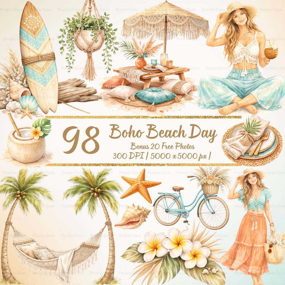 Boho Beach Day Watercolor Clipart Bundle, Coastal PNG Elements (digital ...