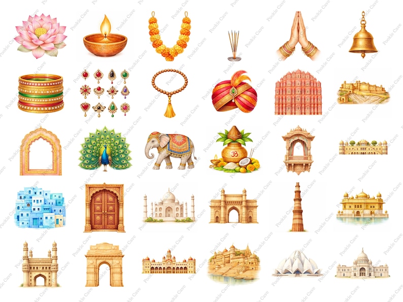 India Travel Clipart Bundle, Watercolor Landmarks, Cultural Elements ...