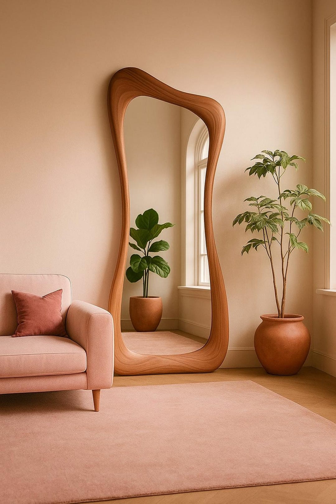 Asymmetrical Oak Full Length Mirror, Irreglar Wooden Mirror, Mid ...