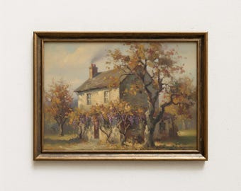 Vintage Farmhouse Painting, Autumn Cottage Print, Nostalgic Fall Wall ...