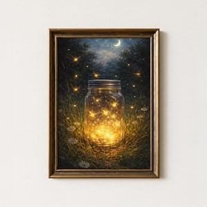 Firefly Jar Night Landscape Art Print, Summer Time Magical Forest Wall ...