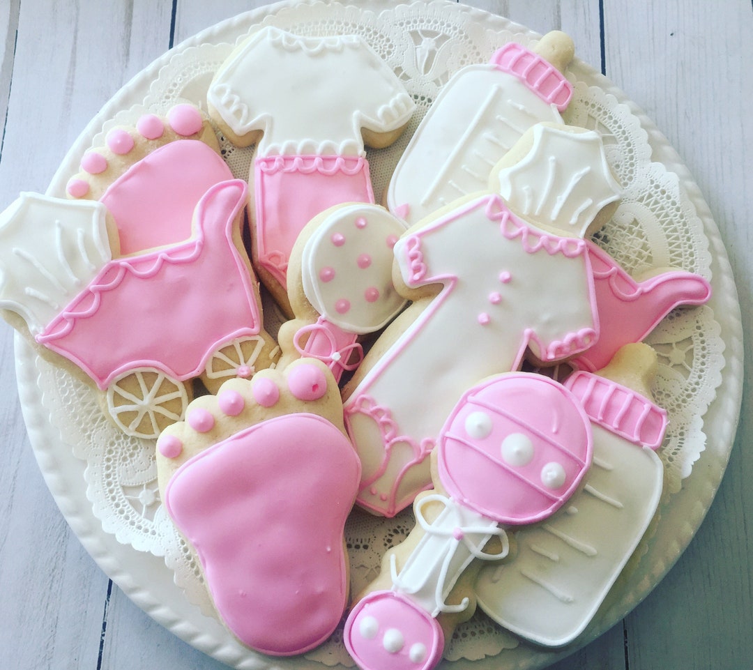 12 Baby Girl Sugar Cookies - Pink and White Baby Shower Cookies - Etsy