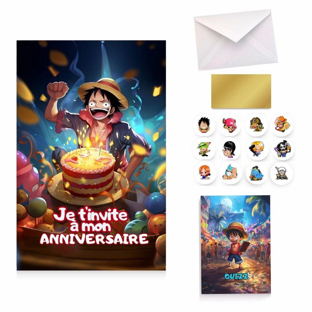Set of 10 Birthday Invitation Cards, Onepiece - Luffy, 10 Stickers, 10 ...