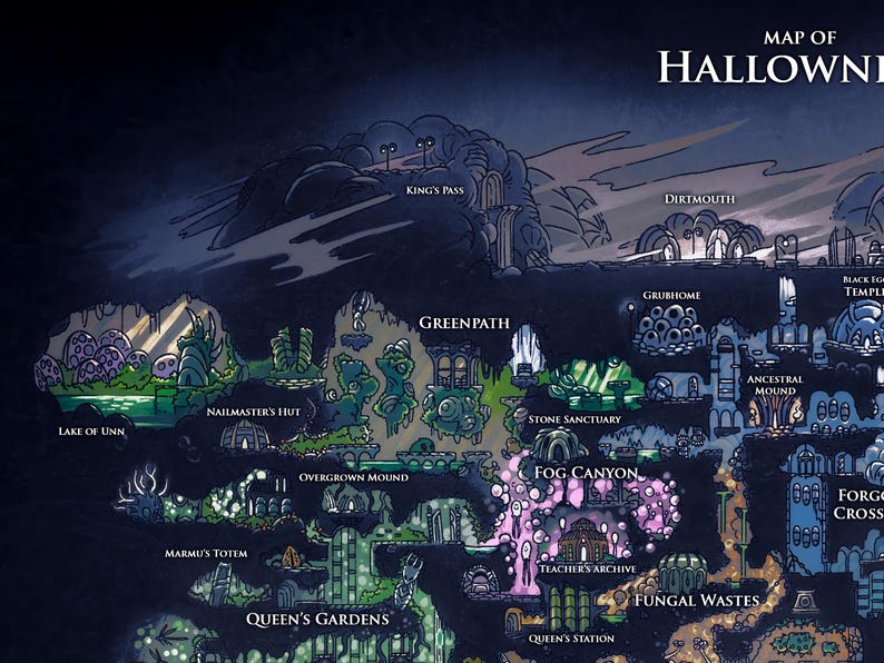 Hollow Knight Map Poster, Hallownest, High Quality Print, Video Game ...