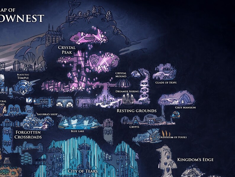 Hollow Knight Map Poster, Hallownest, High Quality Print, Video Game ...