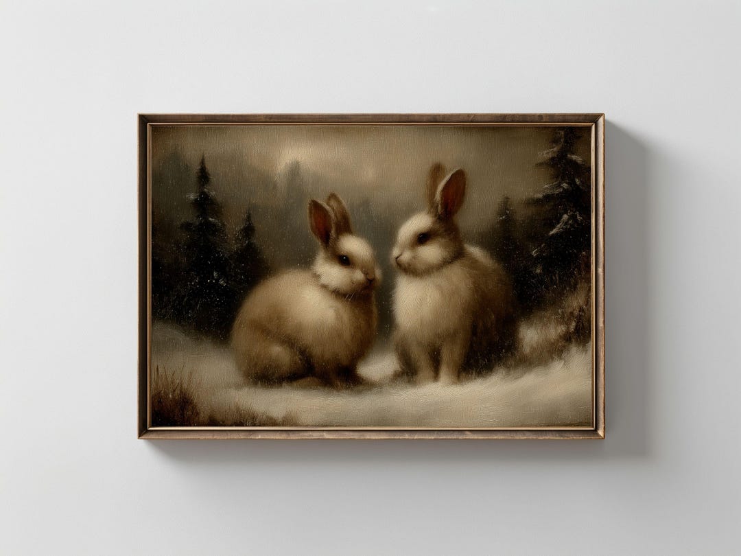 Snow Bunnies Print: Vintage Oil Painting Winter Animal Wall Art ...