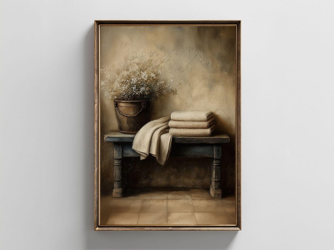 Rustic Bathroom Towel Bench Print: Vintage Farmhouse Wall Art (digital ...