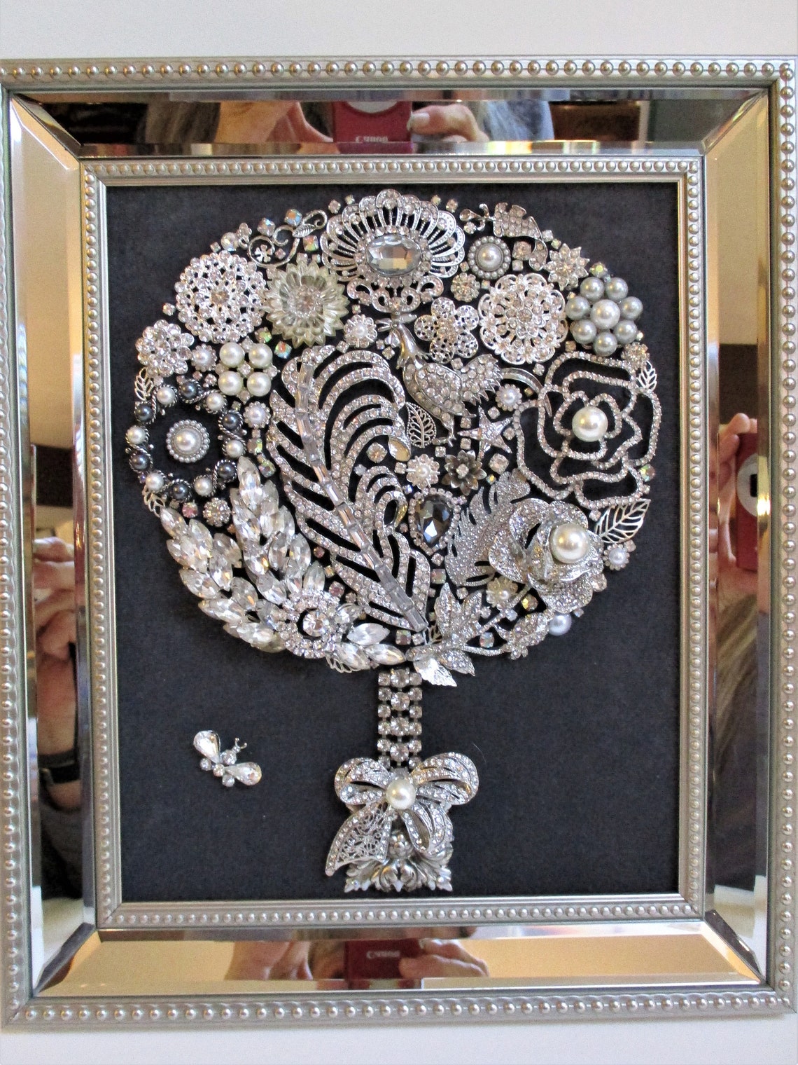 Jeweled Framed Jewelry Art Topiary Gray Silver Vintage Rhinestone ...