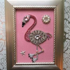Jeweled Framed Jewelry Art Flamingo Pink Silver Vintage Rhinestone ...