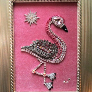 Jeweled Framed Jewelry Art Flamingo Rose Pink Silver Rhinestone ...